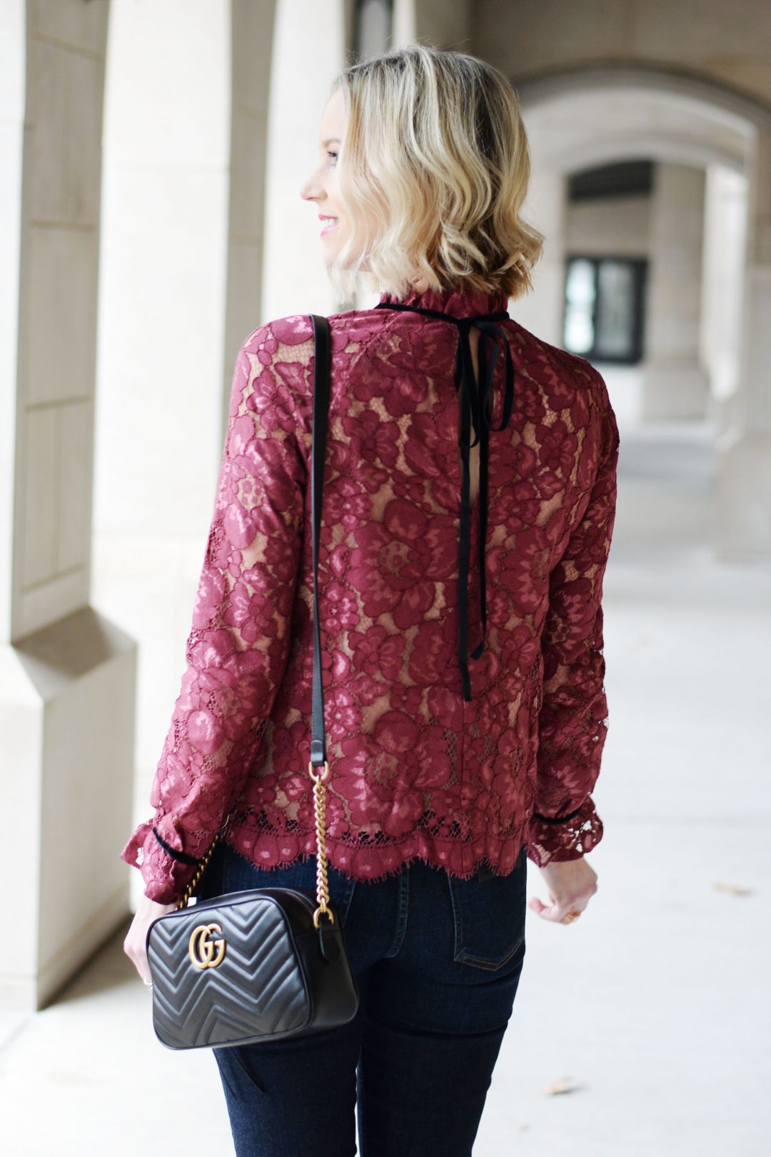 Velvet Tie Back Lace Blouse - Straight A Style